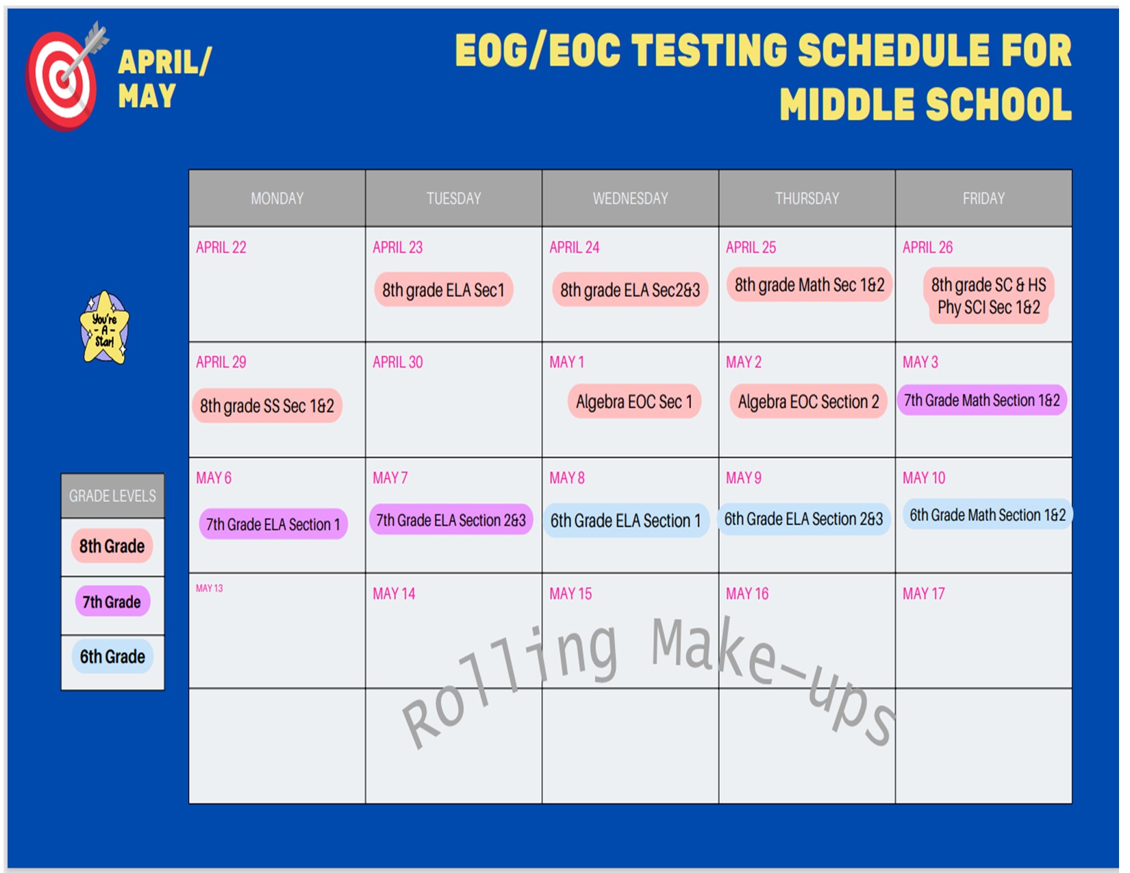 EOG Testing Schedule for Middle School