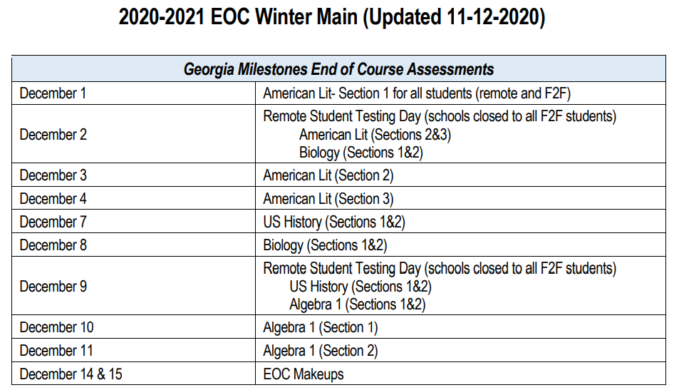 WINTER EOC SCHEDULE