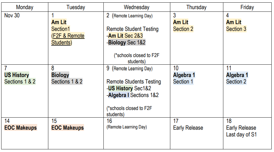 WINTER EOC SCHEDULE