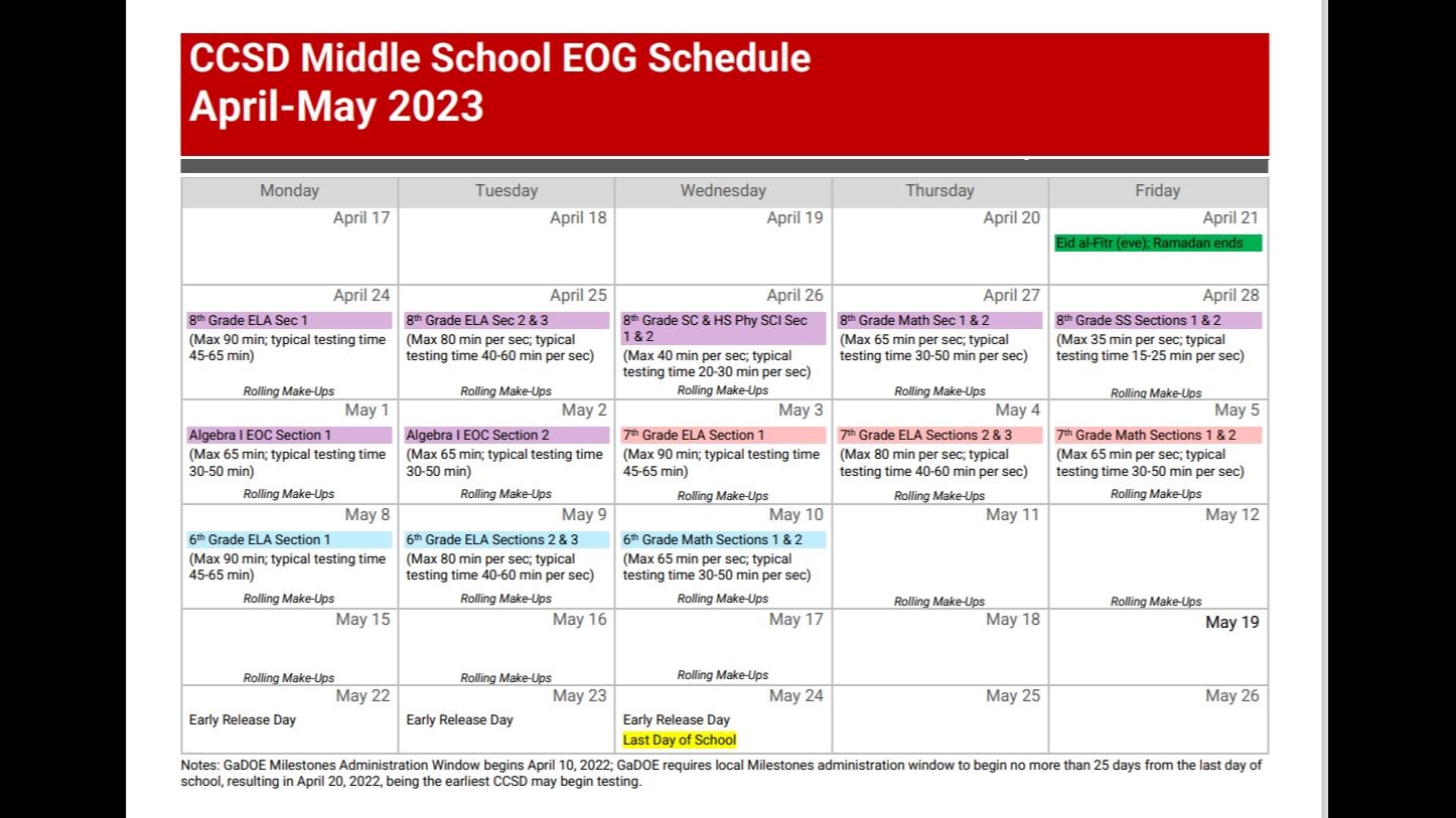 Milestones (EOG) Testing Calendar 2023