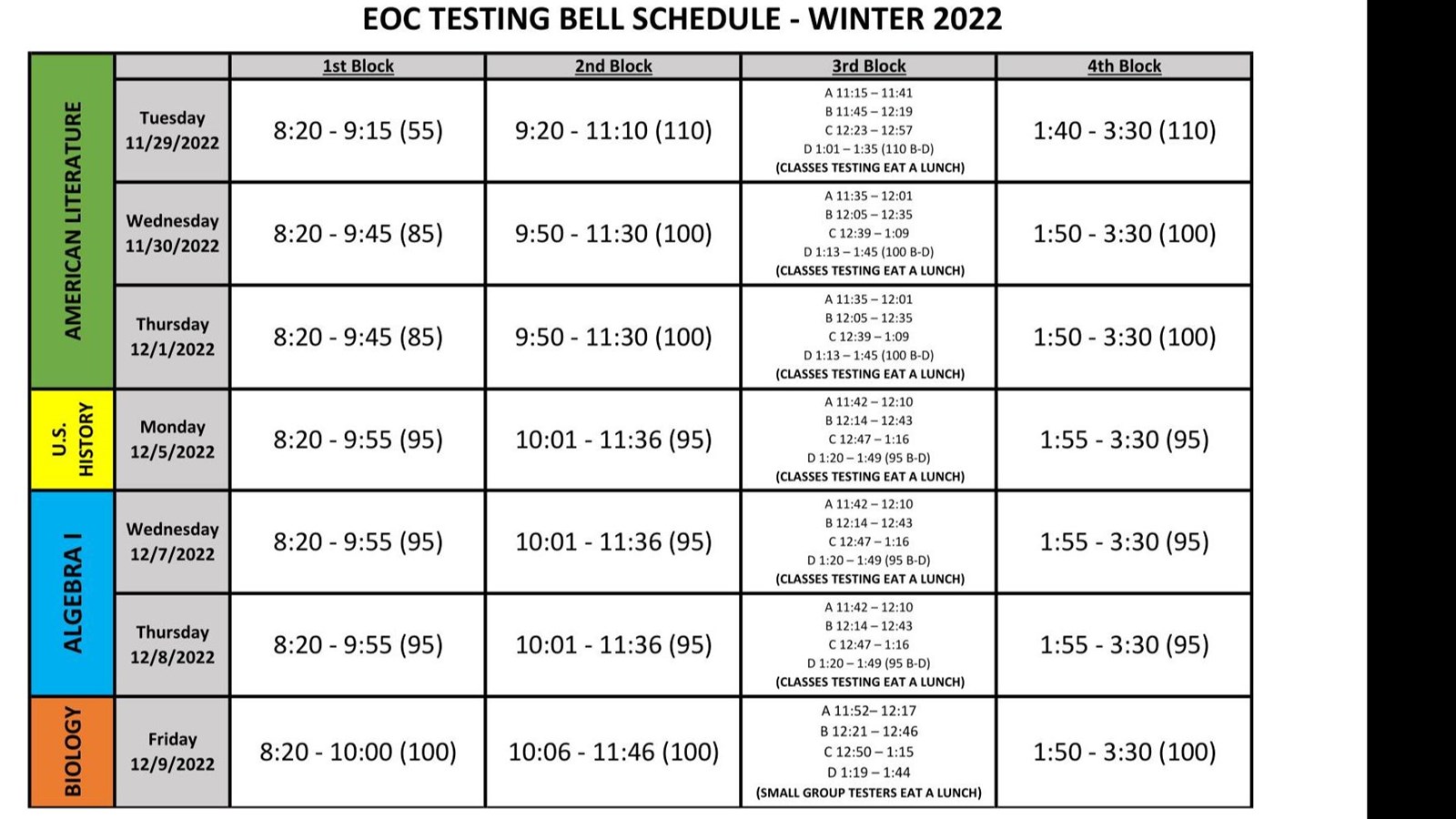 EOC Testing Schedule